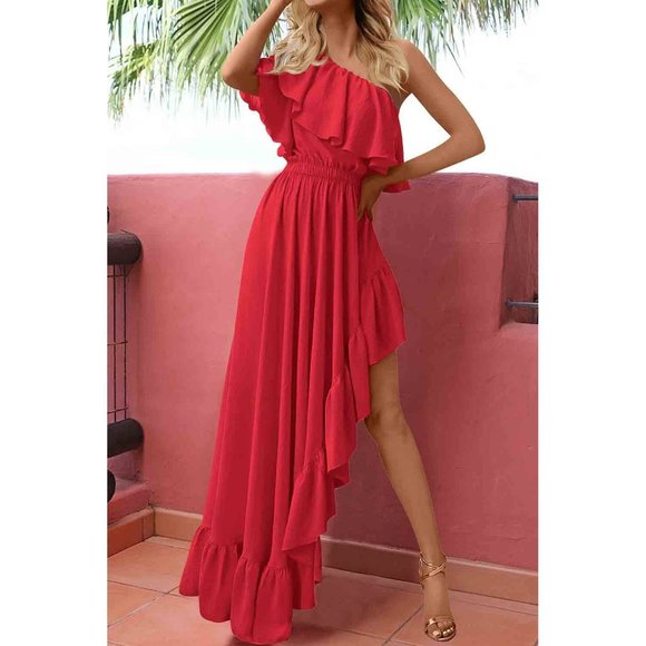 Dresses | Red One Shoulder Ruffle High Low Maxi Dress | Poshmark